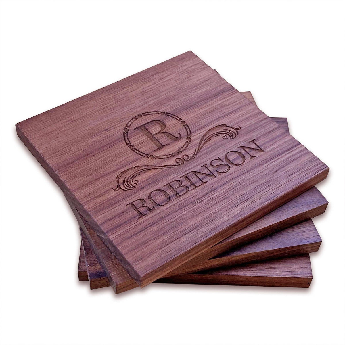 Personalized Walnut Wood Square Coaster Set – Hailey Home
